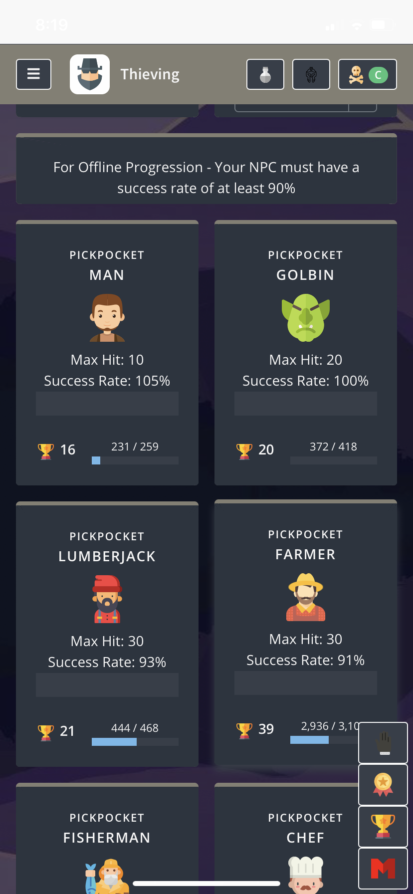 Offline Thieving not working at 91% · Issue #325 · MelvorIdle/melvoridle.github.io · GitHub