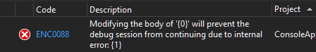 Compiler error message with unresolved parameter placeholders in VS2019 16.11: "ENC0088 ...