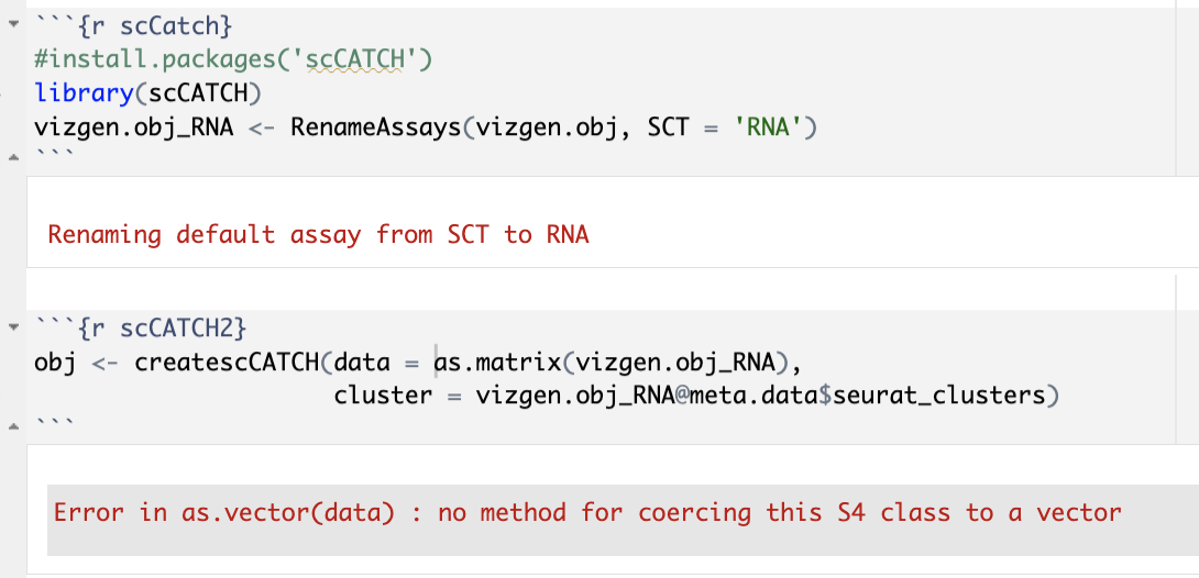 no method for coercing this S4 class to a vector · Issue #57 · ZJUFanLab/scCATCH · GitHub
