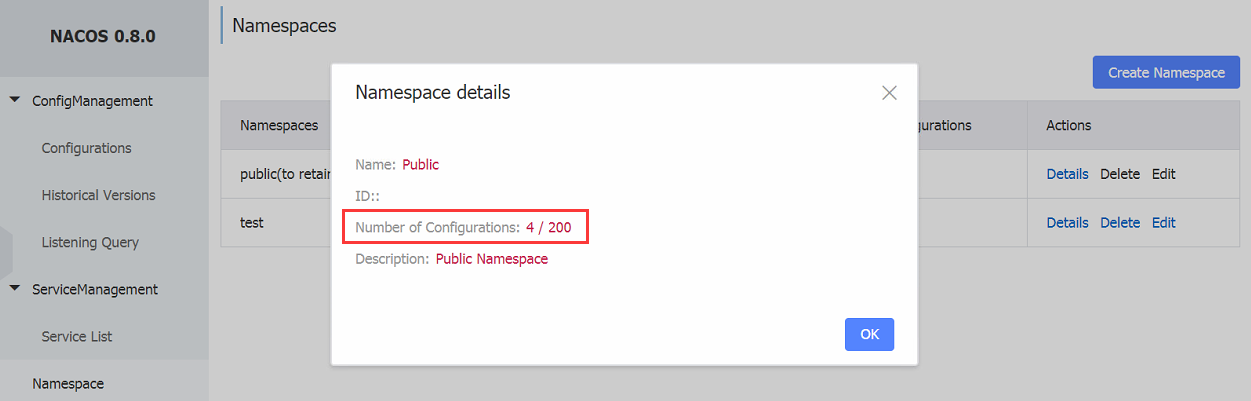 The Number Of Configurations In The Details Of The Default Public