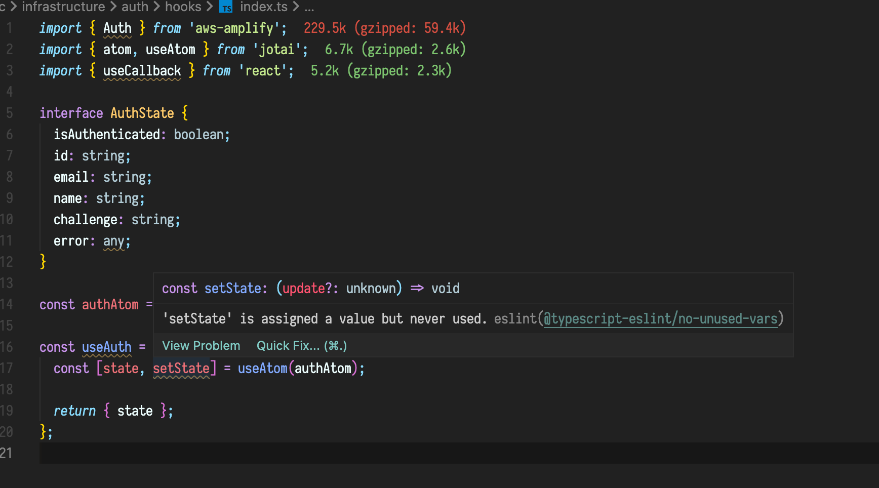 useAtom with Typescript and strict enabled reports update state function as an unknown type ...