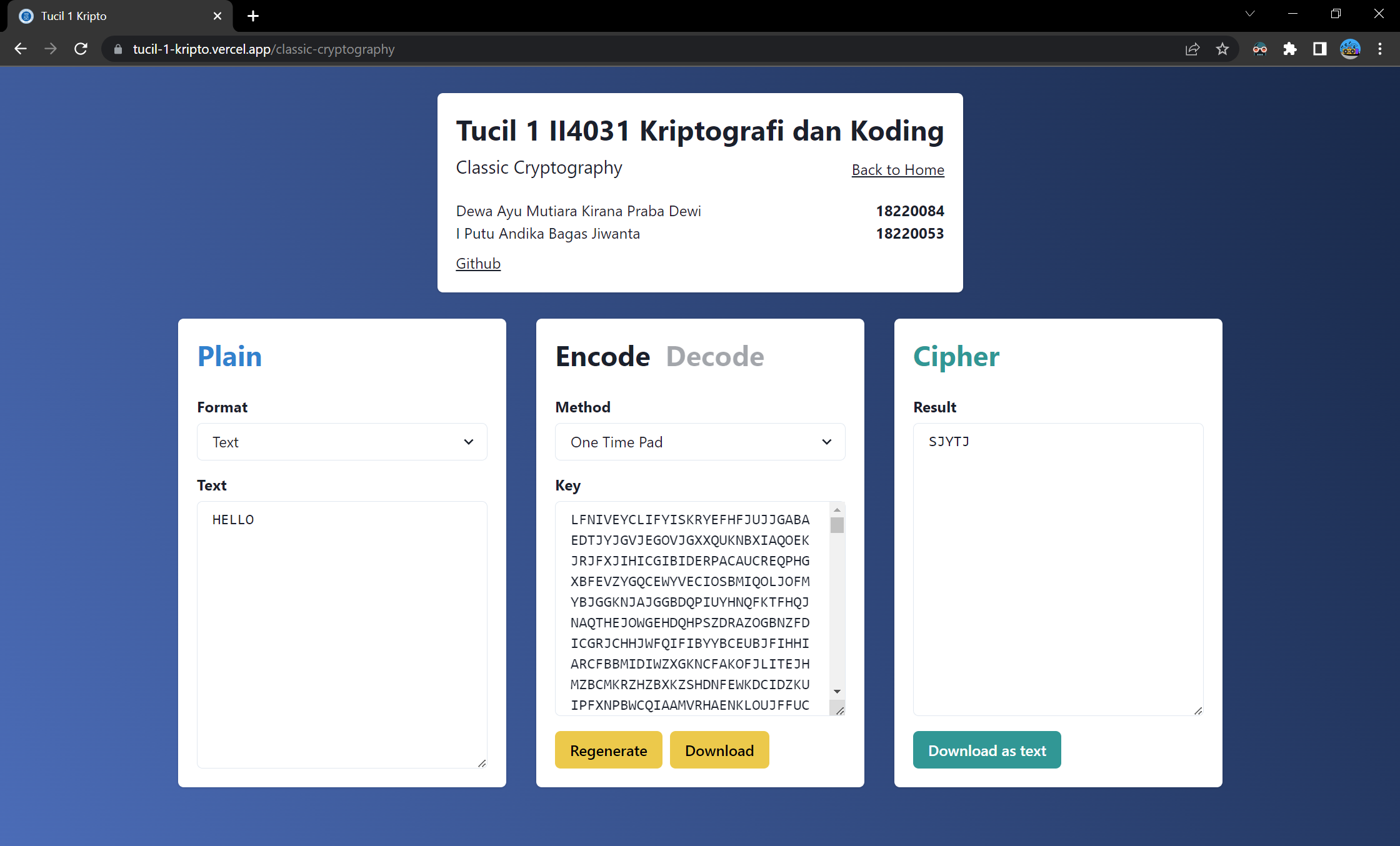GitHub - bagasjiwanta/classic-and-stream-cipher: Tugas Kecil 1 Kelas Kriptokoding STI