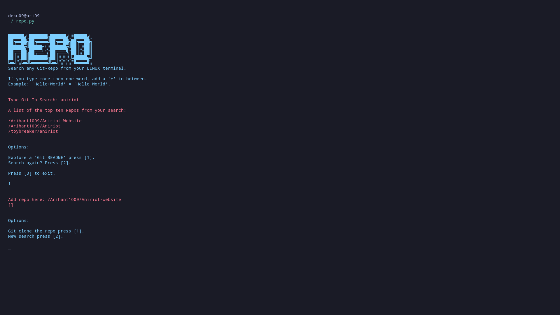 GitHub - Ari1009/Repo: A terminal based app to display top 10 repo from the selected keyword