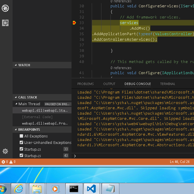 Unable to debug/run netcoreapp1.1 webapi project which has a reference to netstandard1.6 class ...