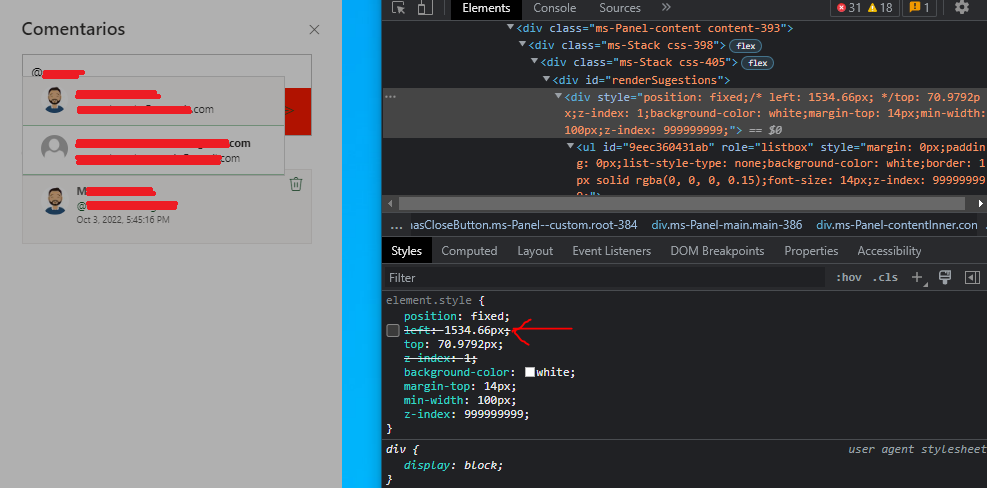 ListItemComments. Suggestions won't appear when rendering on FluentUi Pannel (Was working until ...