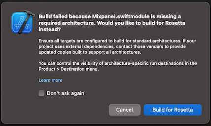 Could not find module 'Mixpanel' for target 'arm64-apple-ios-simulator'; found: x86_64-apple-ios ...