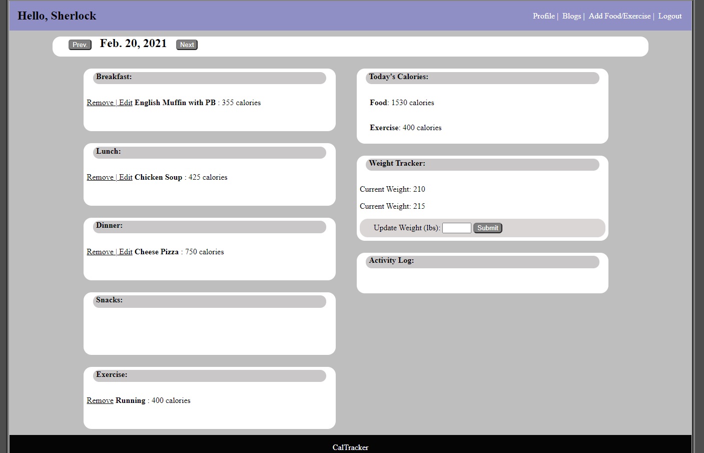 GitHub - Kamernepti/CalTracker: A food and exercise tracking site based on the layout of LoseIt ...