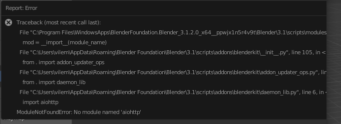 The BlenderKit can't be installed on Blender from Windows Store - no module named 'aiohttp ...