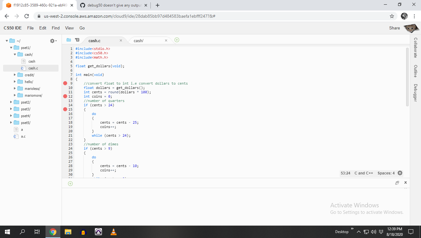 debug50 doesn't give any output or reaction (Edit: Now it says no ...
