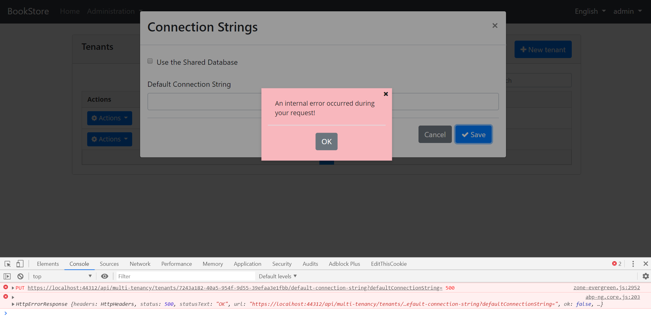 When there is a 500 error, The modal(Connection Strings) cannot be closed. · Issue #1641 ...