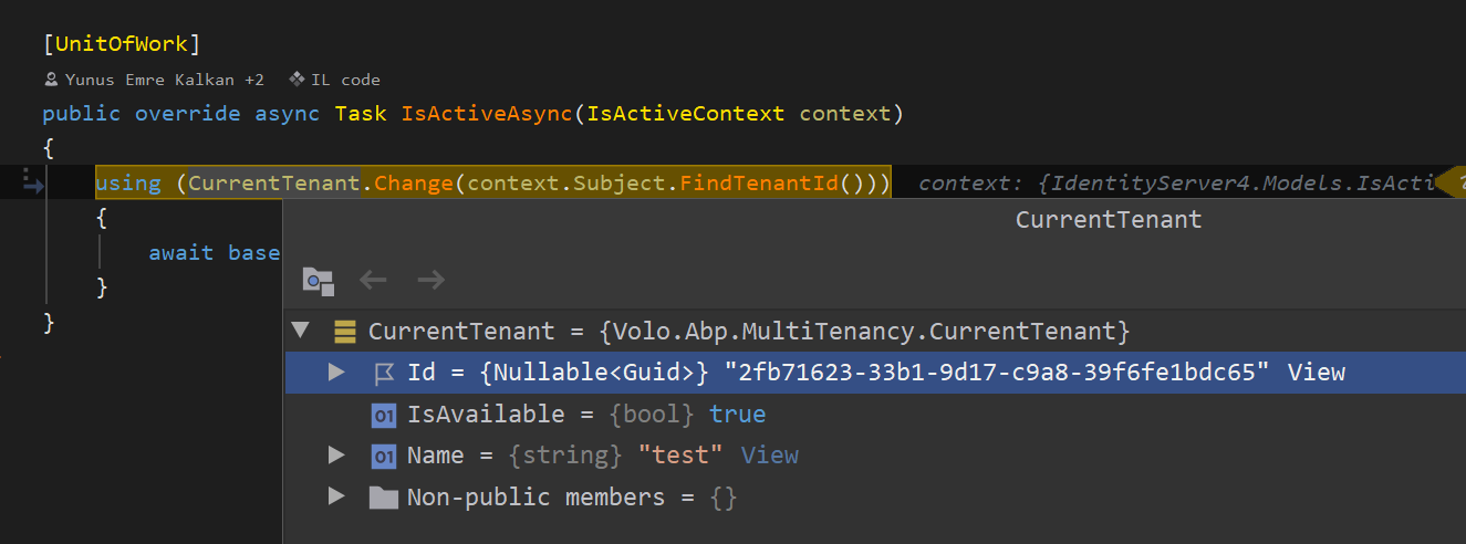 AbpProfileService during Multitenancy: Switches to null tenant from grant during authorization ...