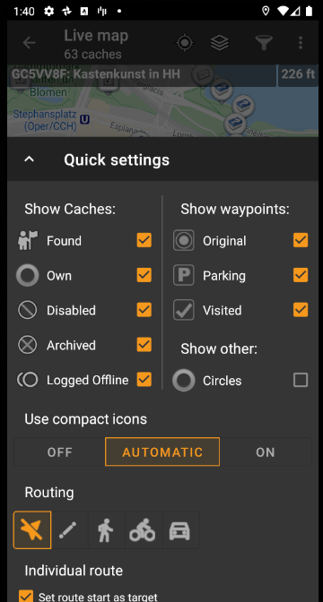 Make map quick settings for caches/waypoints a two columned table