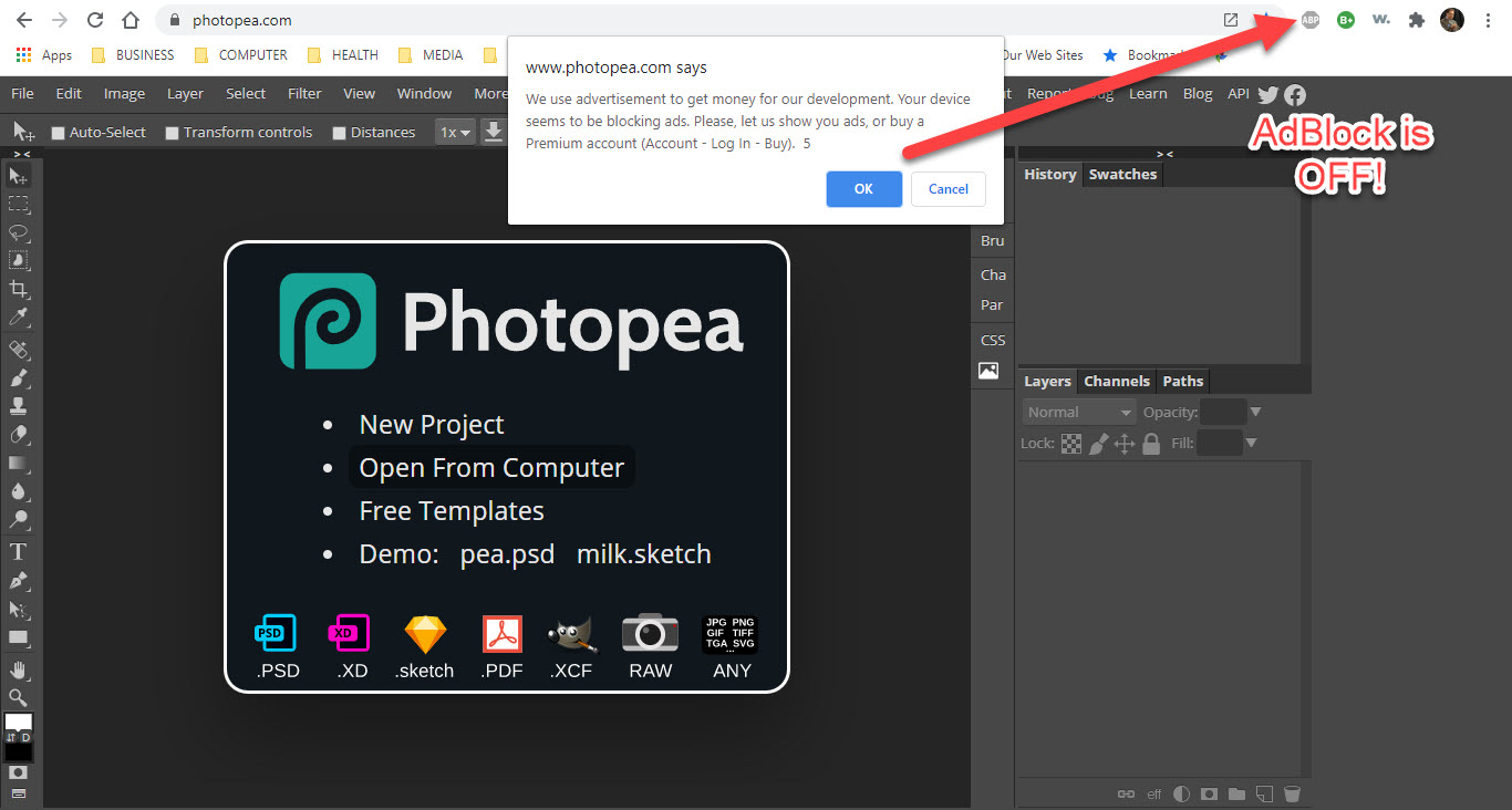 ad block is off, but the message says it's on · Issue #2344 · photopea ...
