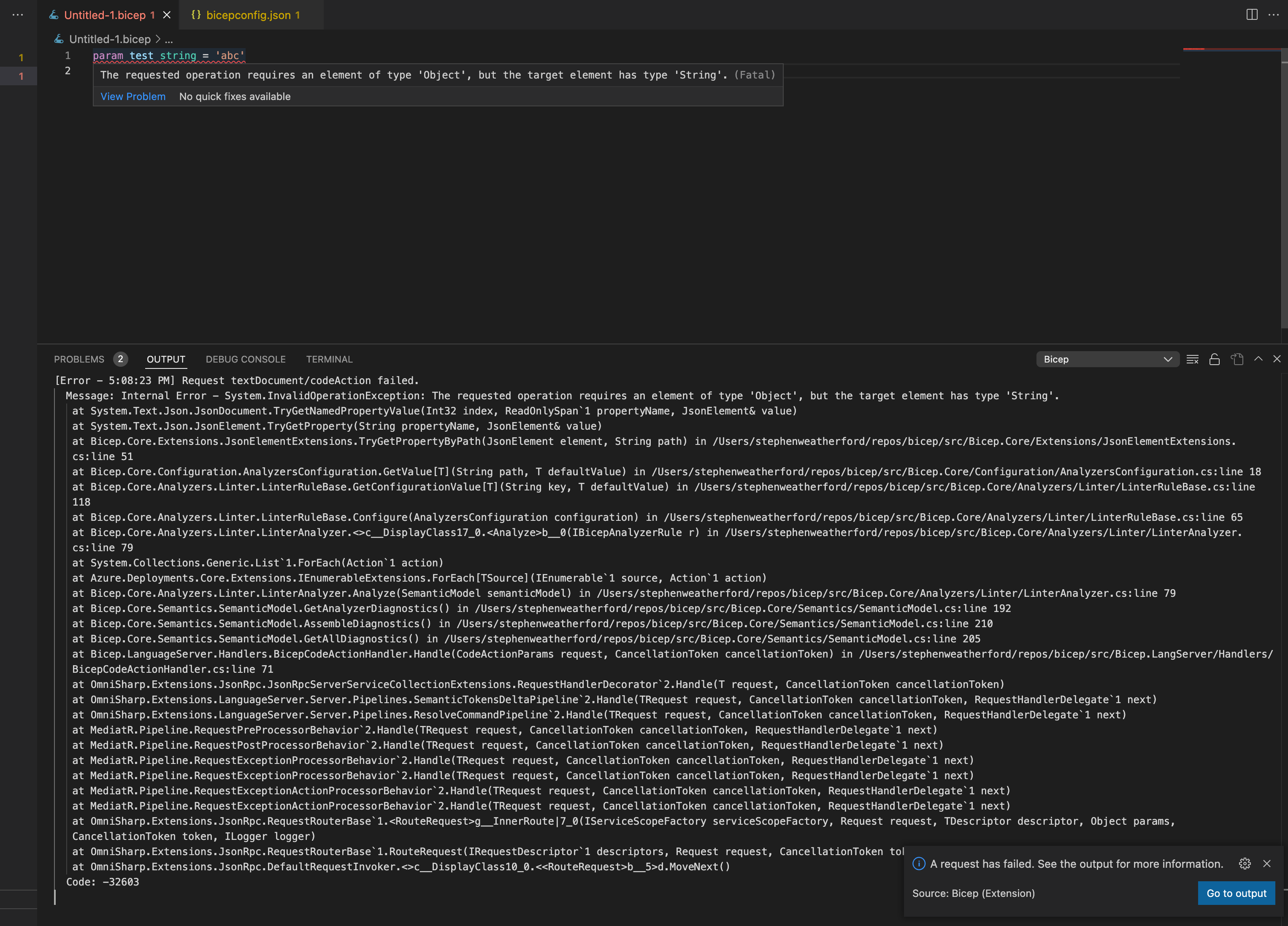 Harsh error behavior with bicepconfig.json files with unexpected types · Issue #6439 · Azure ...