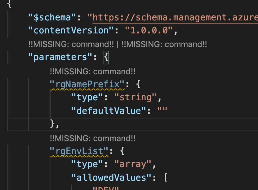 Error message and !!MISSING: command!! messages in code lenses opening template file when params ...