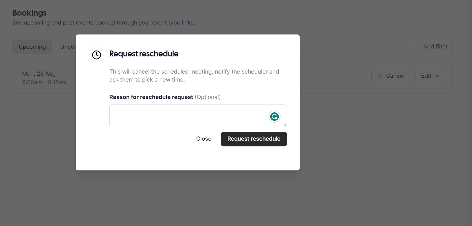 Bookings - Request reschedule dialog popup design issue · Issue #10975 · calcom/cal.com · GitHub