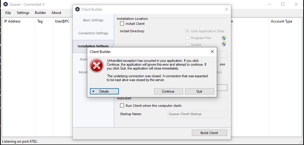 Unhandled expectation has occurred in client builder · Issue #1029 · quasar/Quasar · GitHub