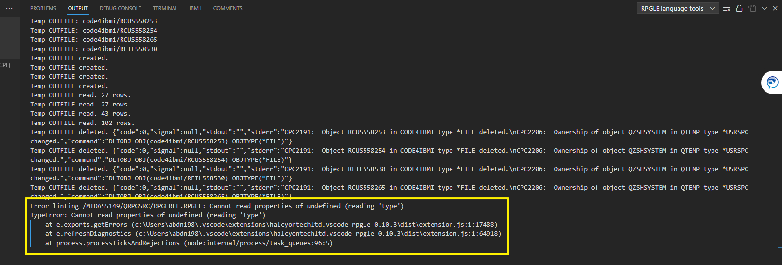 RPGLE Linter - Error linting "RPG-source": Cannot read properties of undefined (reading 'type ...