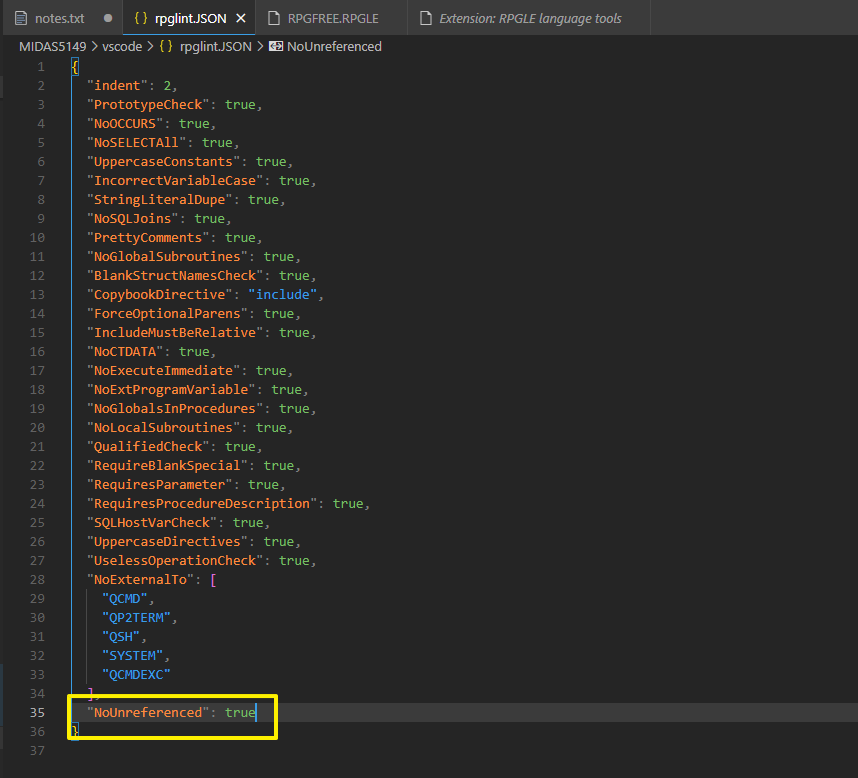 RPGLE Linter - Error linting "RPG-source": Cannot read properties of undefined (reading 'type ...