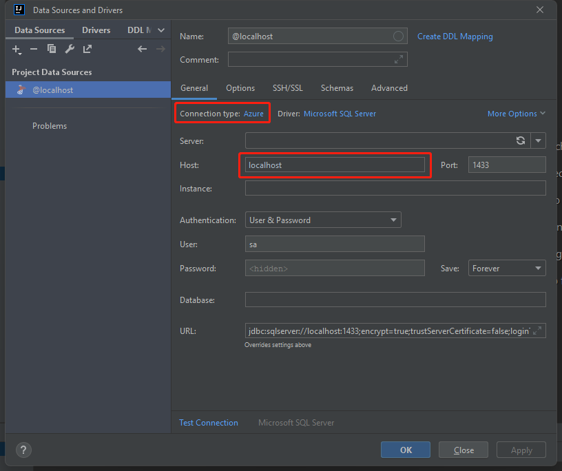 [IntelliJ][ReportedByUser] Unable to create Non Azure SQL server database connection when Azure ...