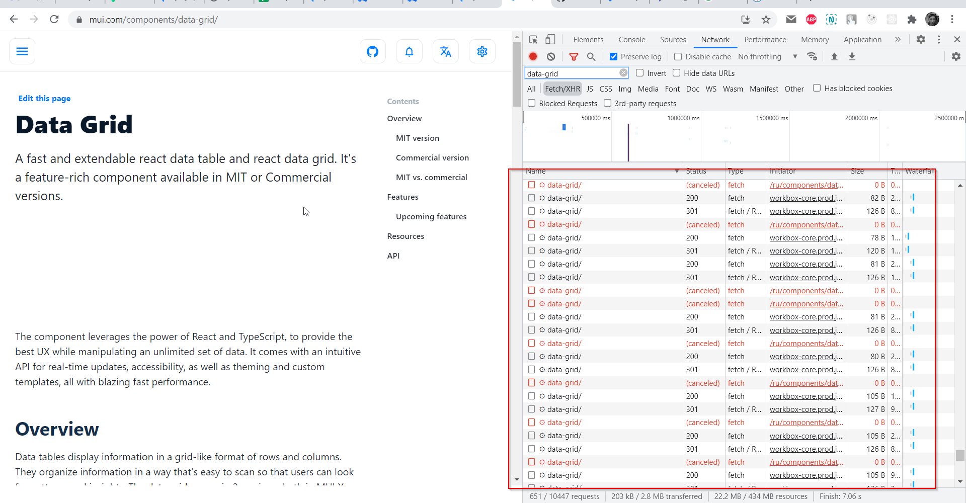 "mui.com/components/data-grid/" pages have too many redirects and reloads if you choose Russian ...