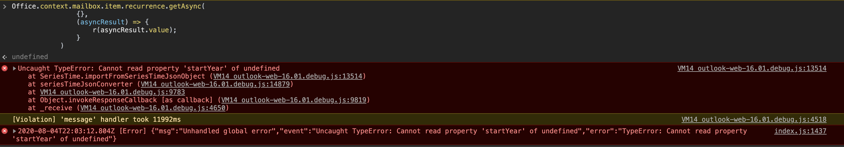 Office.context.mailbox.item.recurrence.getAsync throws error · Issue #1312 · OfficeDev/office-js ...