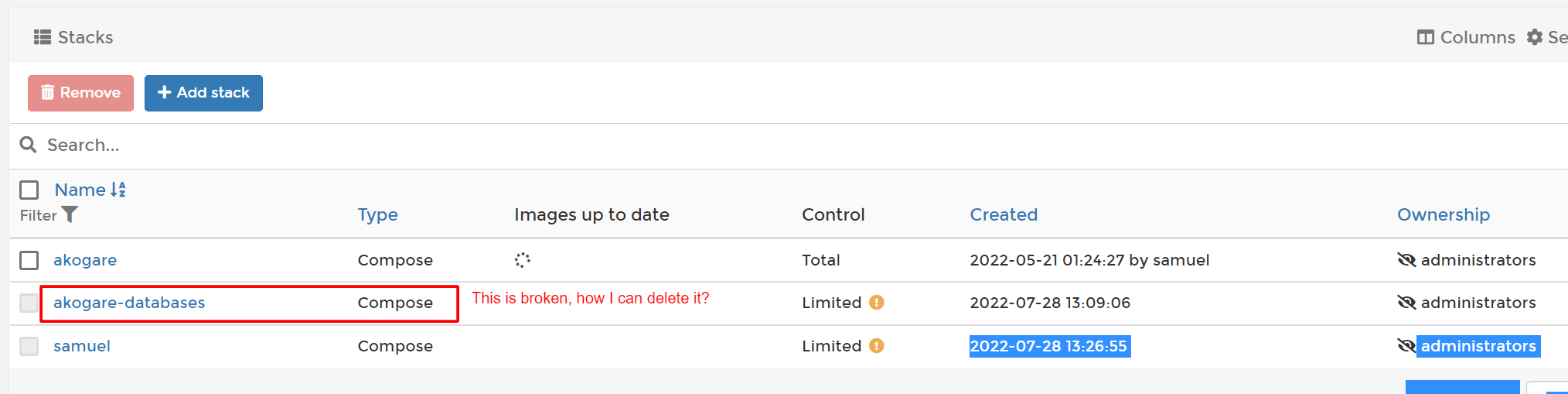 Cant delete a Stack created by Portainer · Issue #7369 · portainer/portainer · GitHub