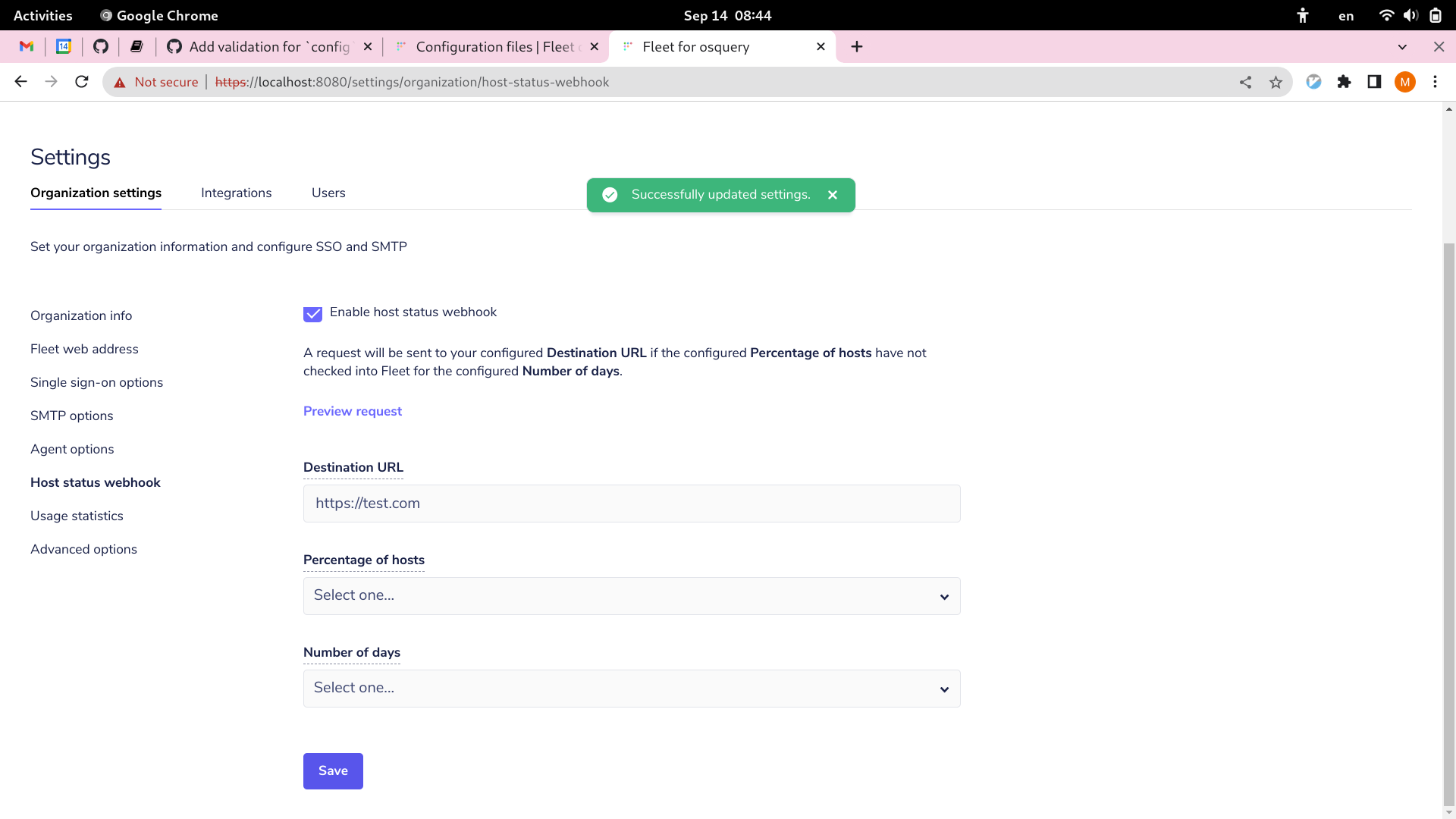 Host status webhook settings allow me to save without a percentage or number of days selected ...