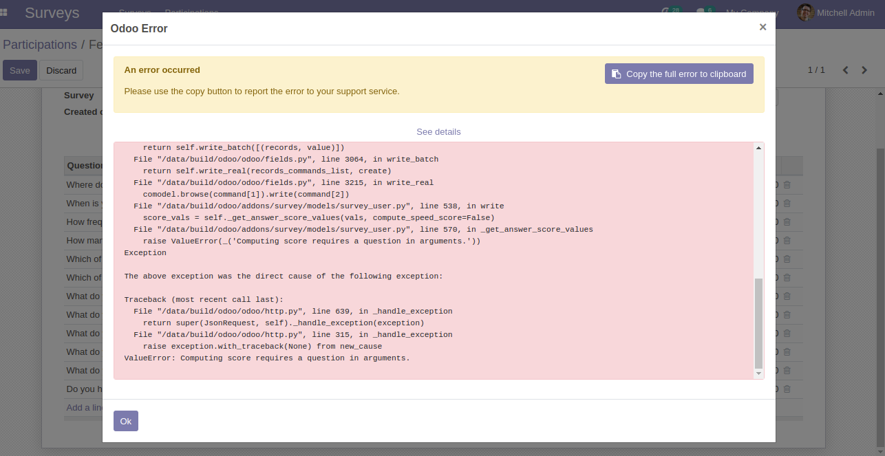 [14.0] Module: Survey - Error on editing answers. · Issue #67429 · odoo/odoo · GitHub