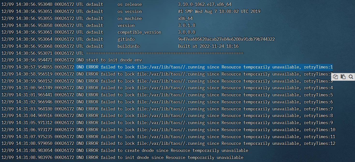 taosd DND ERROR failed to lock file:/var/lib/taos//.running since Resource temporarily ...
