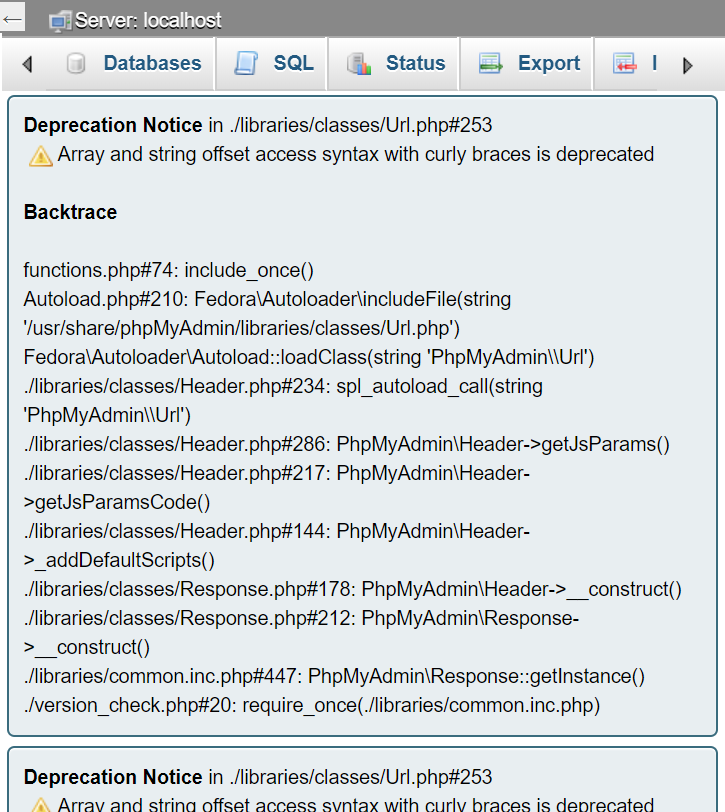 Getting Deprecation errors · Issue #15479 · phpmyadmin/phpmyadmin · GitHub