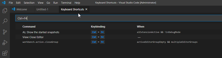 Key Binding Ctrl+F4 for Show the started snapshots conflicts with View: Close Editor · Issue ...