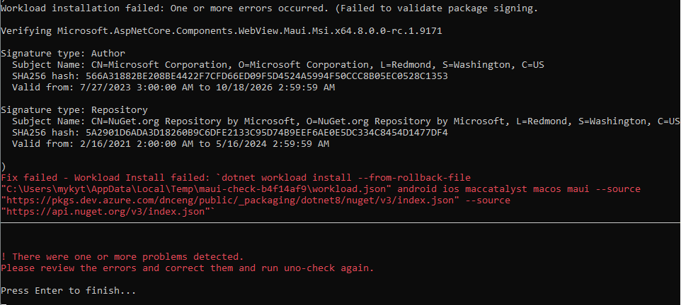 ```uno-check``` ```preview-major``` Fix failed - Workload Install ...
