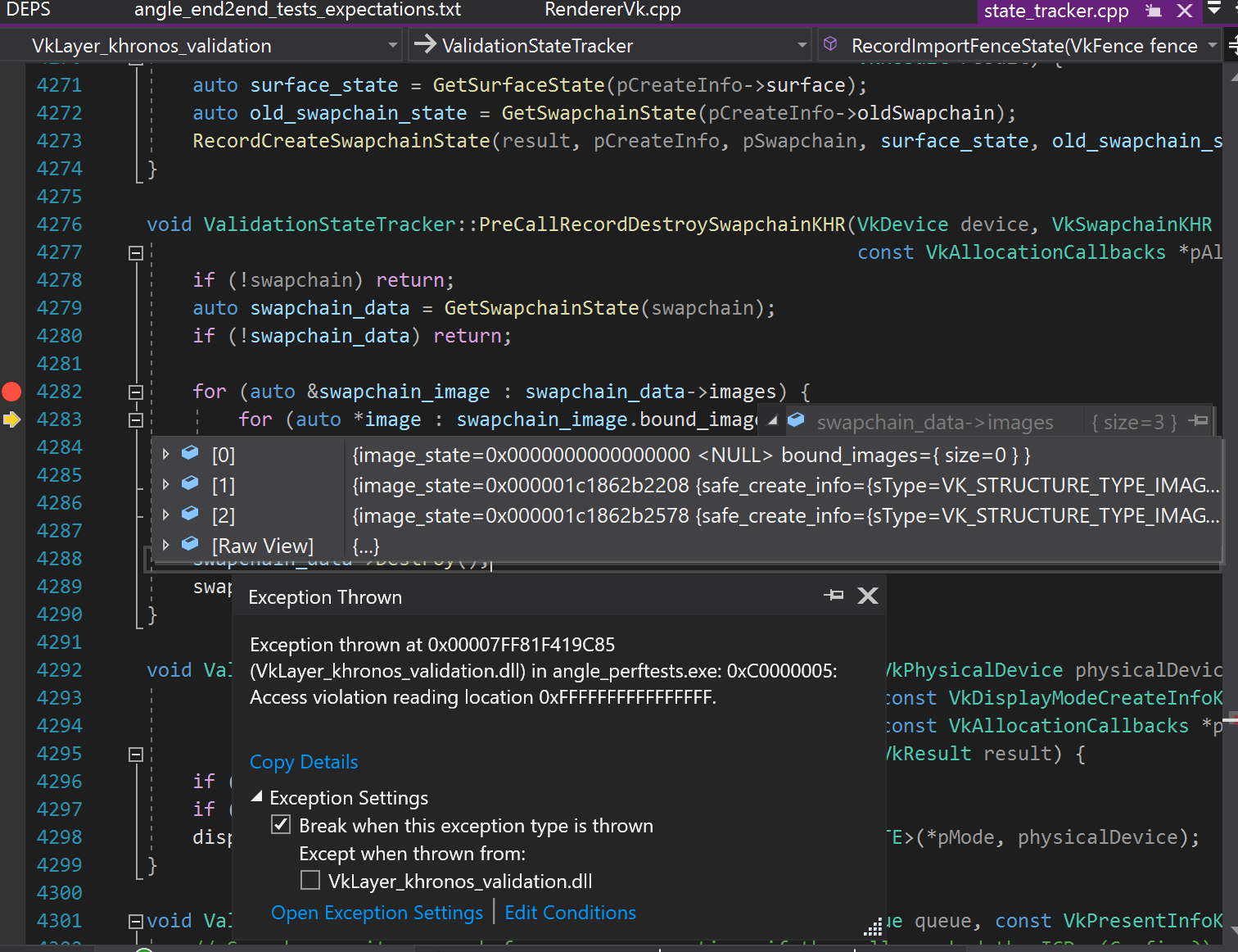 Exception violation in ValidationStateTracker::PreCallRecordDestroySwapchainKHR · Issue #2975 ...