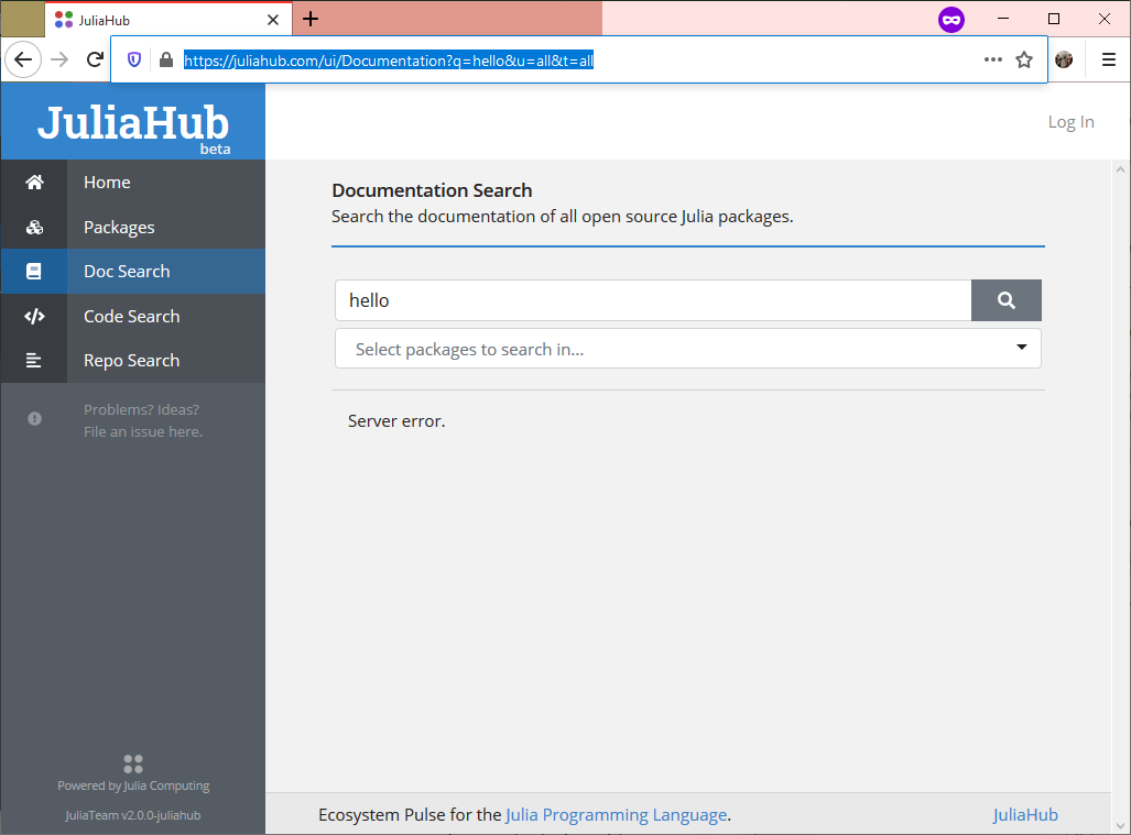 Doc, Code & Repo search are down · Issue #65 · JuliaComputing/JuliaHub-Feedback · GitHub