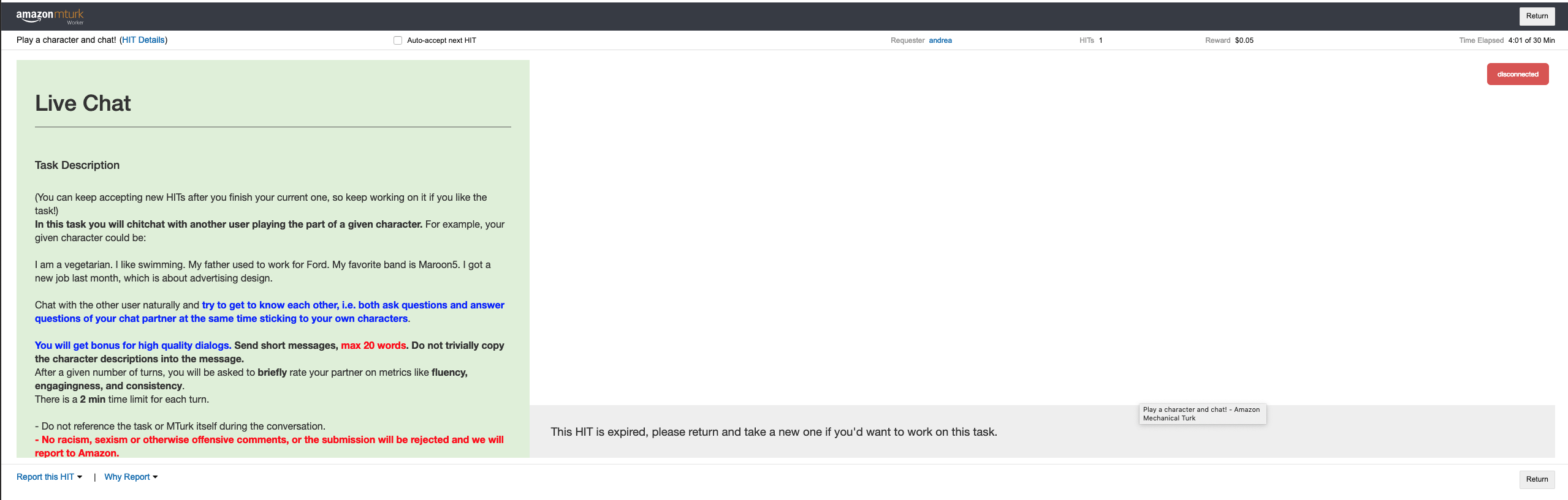 MTurk: this HIT is expired, please return and take a new one if you'd want to work on this task ...