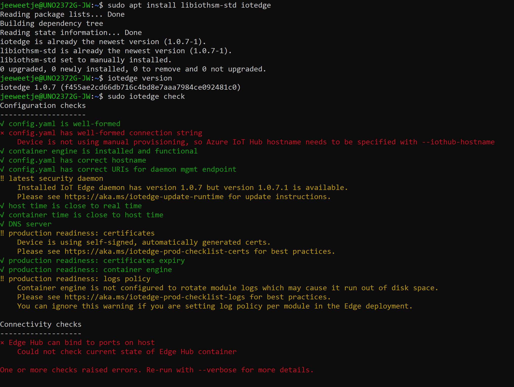 Version number 1.0.7.1 reported as 1.0.7 with iotedge version and sudo ...