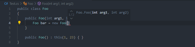 Intellisense is not showing any constructor signature suggestion when using "base()" or "this ...