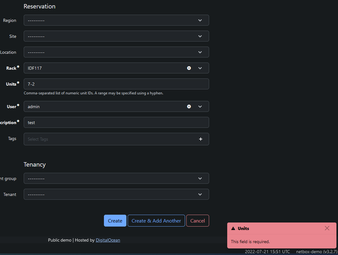 Units Range In Rack Reservation Return An Empty Field Error If Put In