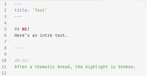 Markdown wrongly highlighting --- horizontal rules as frontmatter ...