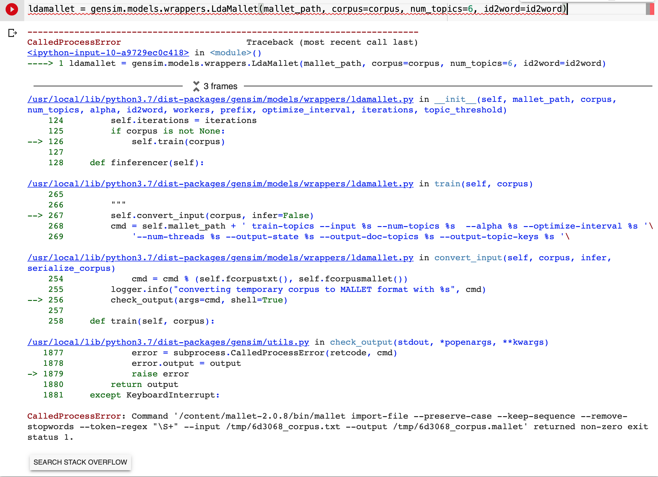 LdaMallet error returned non-zero exit status 1. · Issue #3248 · piskvorky/gensim · GitHub