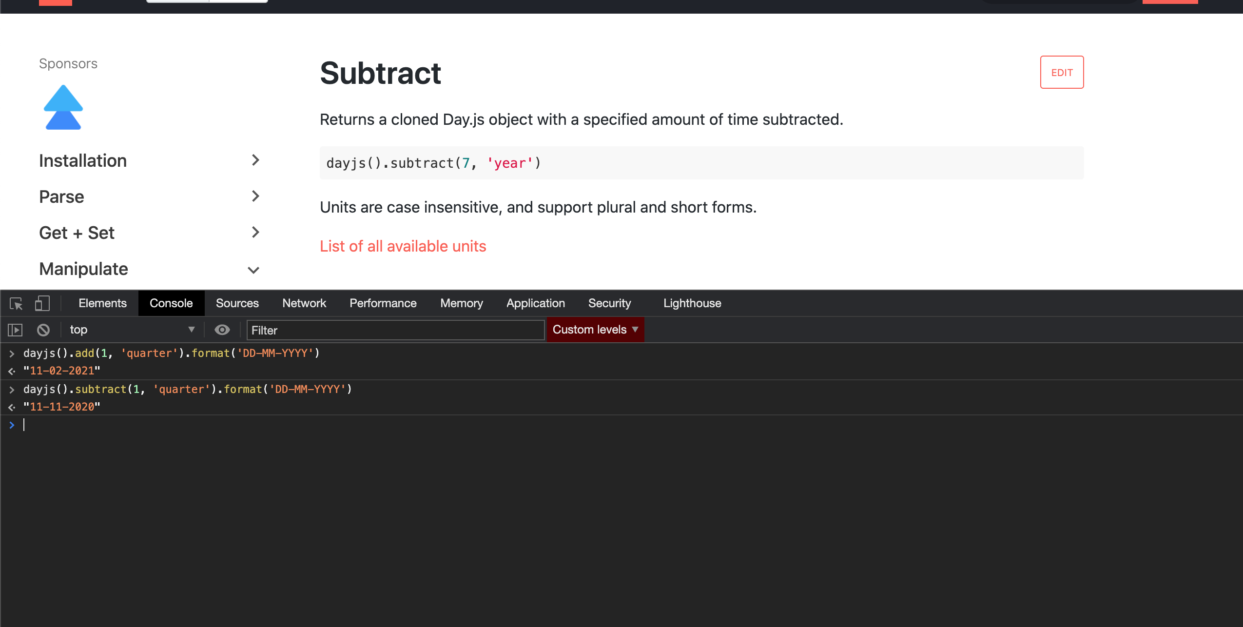 Subtract for quarter is not working · Issue #1207 · iamkun/dayjs · GitHub
