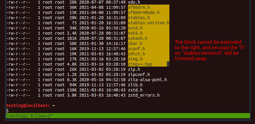 Tmux Rectangle Copy Mode Via Keyboard Broken For Eol Selection On Short Lines · Issue 2709 7650
