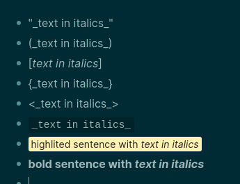 Italics not rendered if nested in another structure (), "", ... · Issue ...
