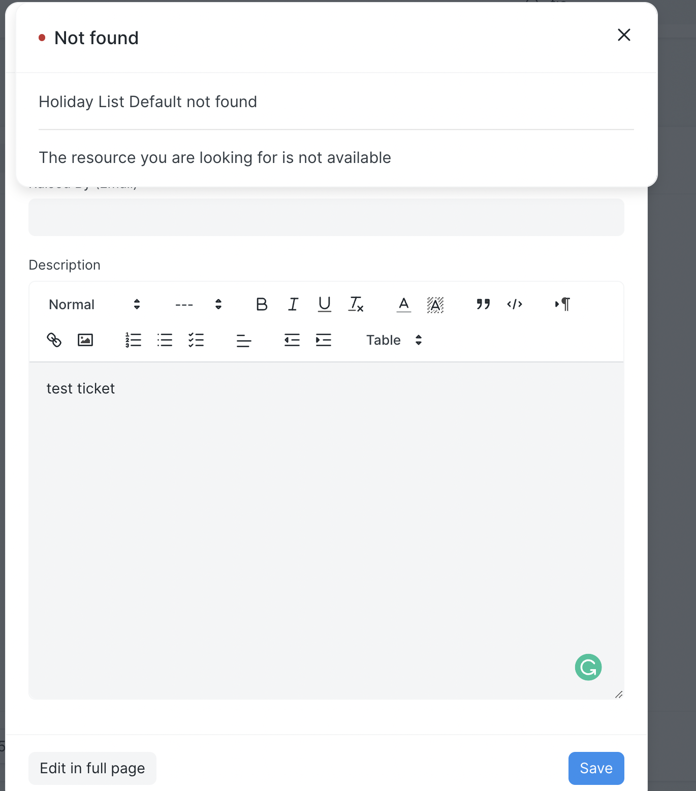 Errors - Holiday List Default not found & The resource you are looking ...