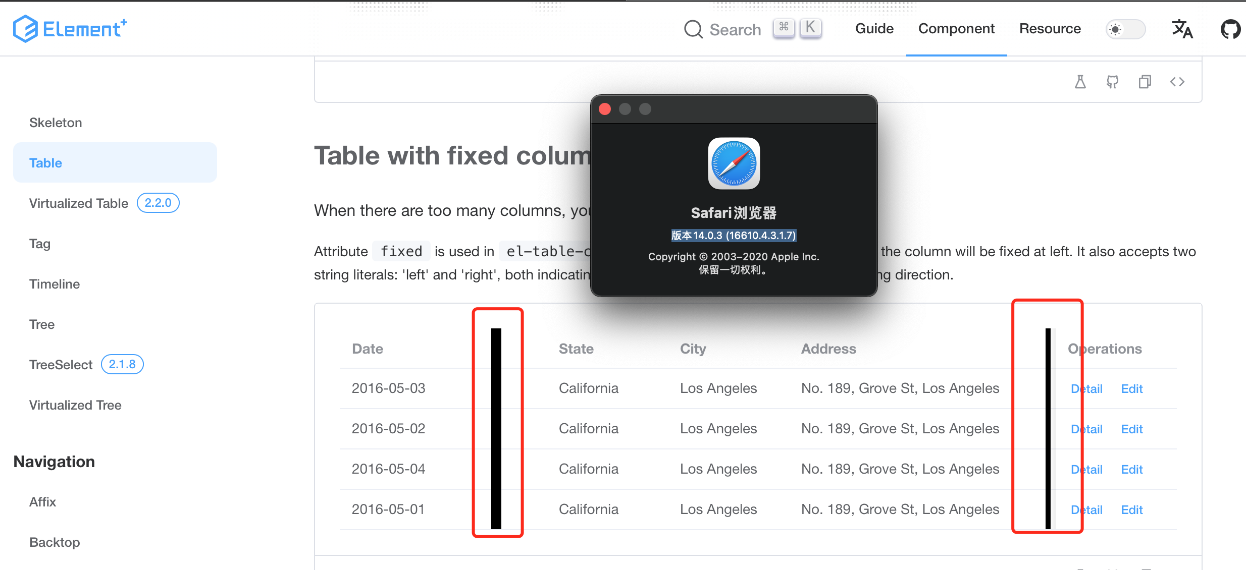 [Component] [table] table 组件当有固定列时 safari (版本14.0.3 (16610.4.3.1.7)) 会有黑线 · Issue #10625 ...
