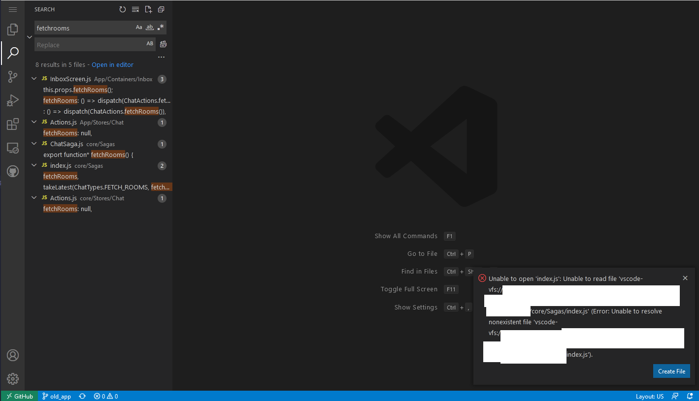 Searching in the left pane of vscode.dev does not work for non-main/non ...