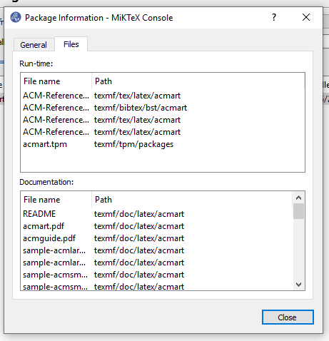 "File `acmart.cls' not found." after installing version 1.60 via the Miktex package manager ...