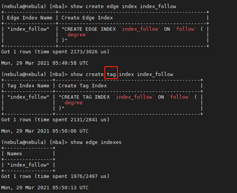 Run `SHOW CREATE TAG INDEX` on an edge index succeeded · Issue #892 · vesoft-inc/nebula-graph ...