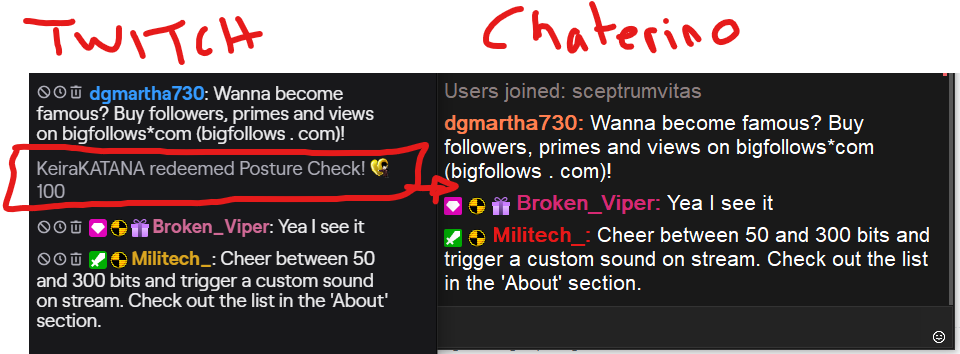 When someone uses channel points to request a reward no text appears in chat, like in Twitch ...